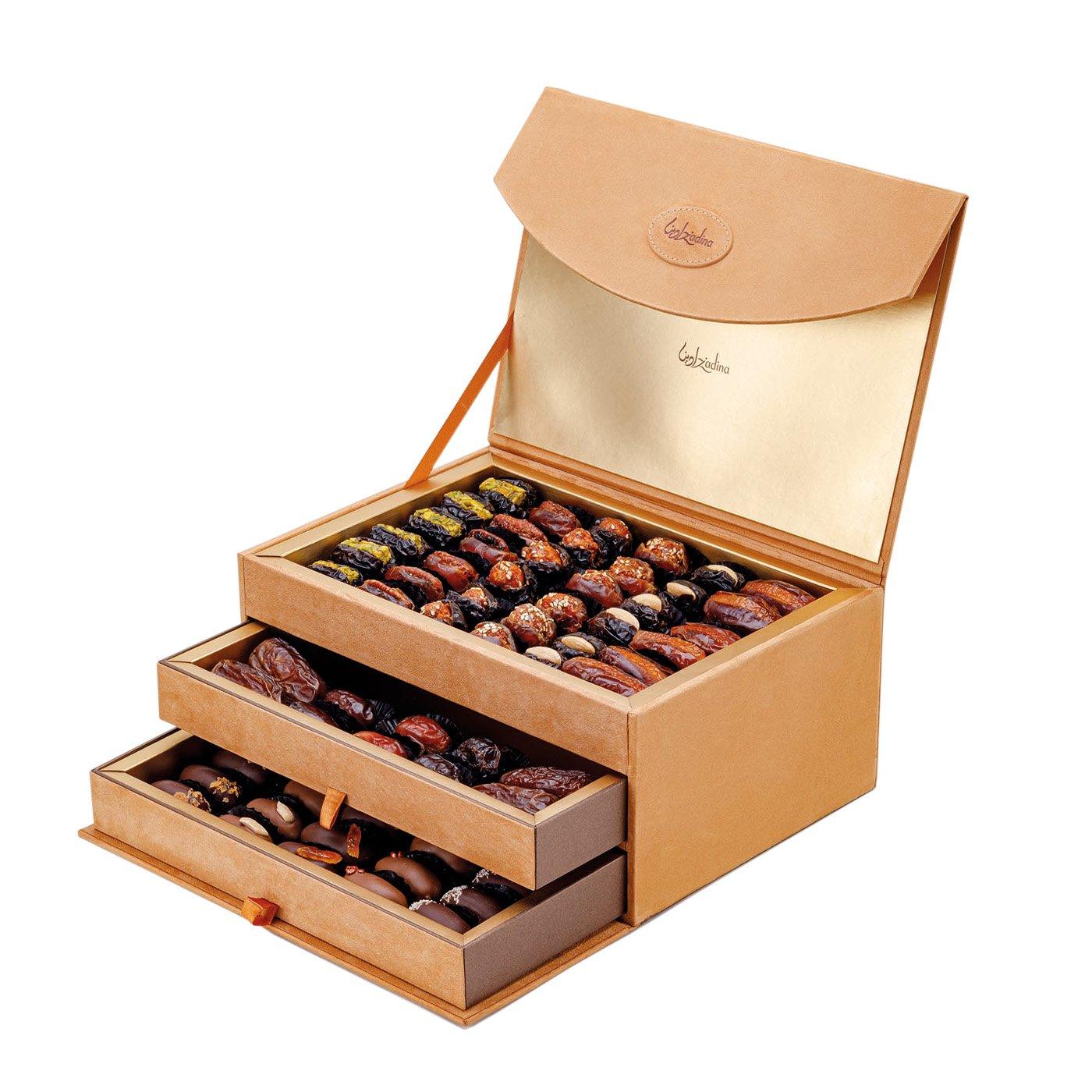 Three-Layer Drawer Camel Leather Date Box | Zadina Dates